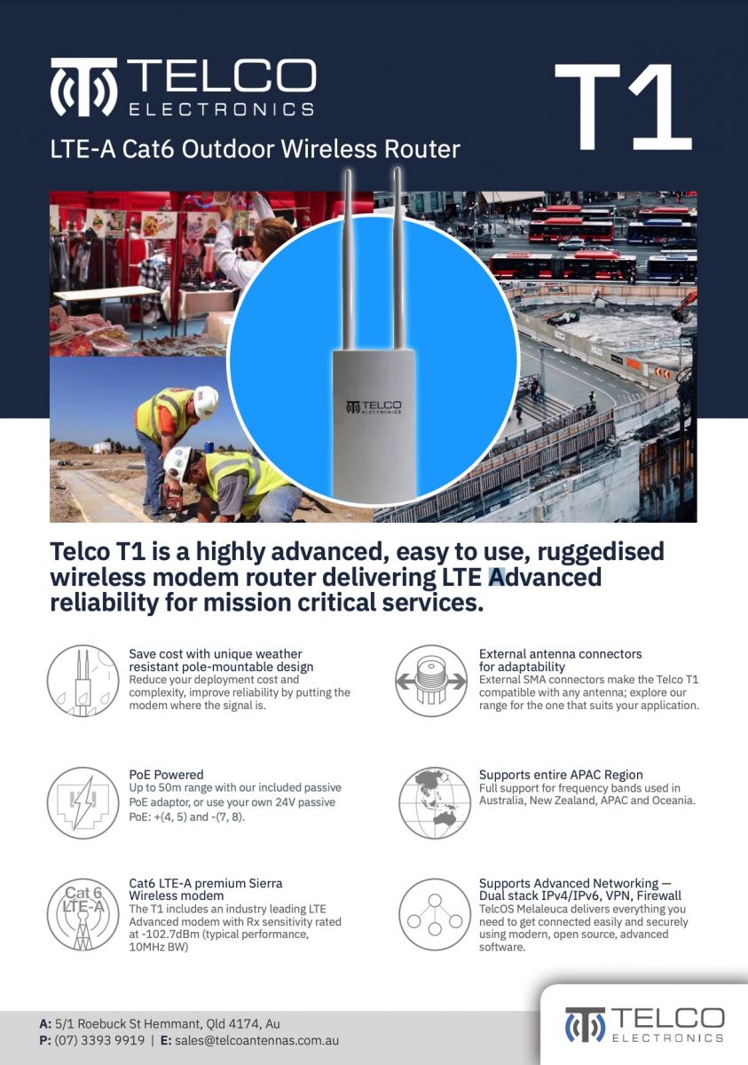 Telco Electronics T1 - Indoor/Outdoor 4G LTE-A Pole Mountable Modem/Router